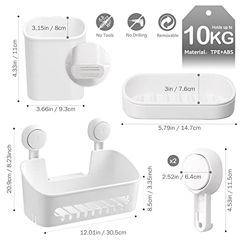 LEVERLOC Shower Caddy Suction Cup Set NO-Drilling Extended Chromed & Plastic Bathroom Caddy Shower Shelf Suction Basket Powerful Heavy Duty Waterproof Shower Organizer for Bathroom & Kitchen