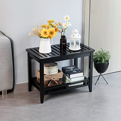Zoopolyn Bamboo Shower Bench Stool with Storage Shelf Shower Bath Seat for Shaving Legs Waterproof in Bathroom & Inside Shower Black