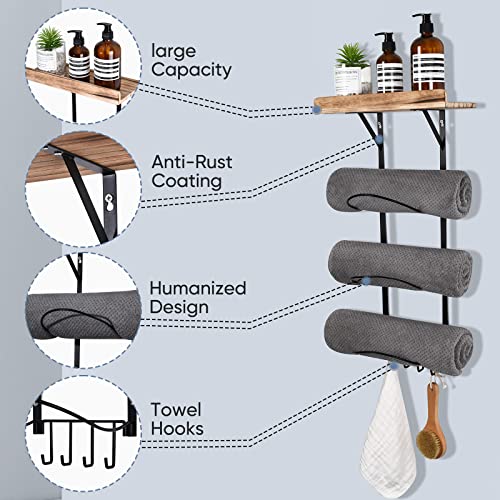 Towel Rack Towel Holder for Bathroom Wall Mount,Tower Organizer with Wooden Shelf and 3 Hooks for Small Bathroom/RV/Camper-Black