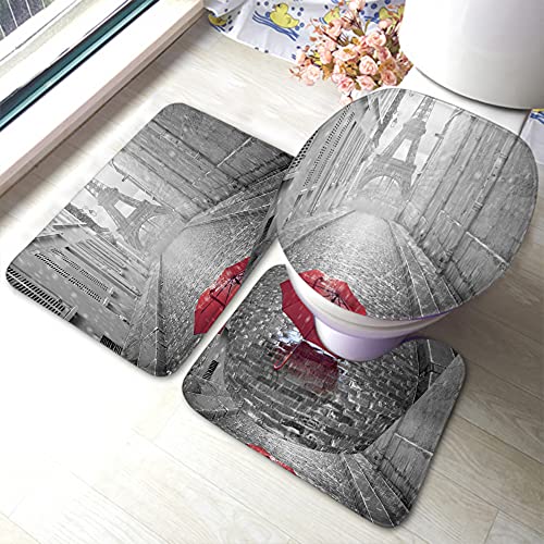 WONDERTIFY Red Umbrella Eiffel Tower Bathroom Antiskid Pad Paris France Rainy Street 3 Pieces Bathroom Rugs Set, Bath Mat+Contour+Toilet Lid Cover Black White