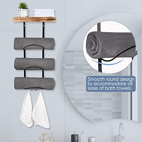 Towel Rack Towel Holder for Bathroom Wall Mount,Tower Organizer with Wooden Shelf and 3 Hooks for Small Bathroom/RV/Camper-Black