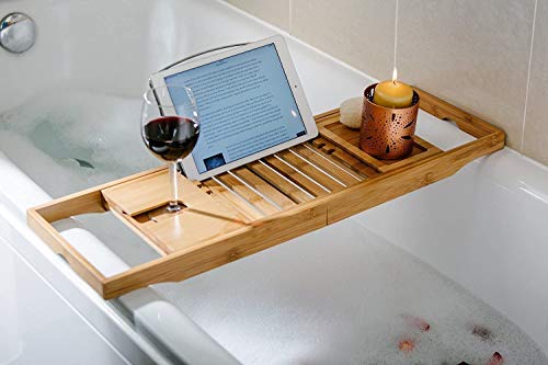 DOZYANT Bamboo Bathtub Tray Caddy Wooden Bath Tray Table with Extending Sides, Reading Rack, Tablet Holder, Cellphone Tray and Wine Glass Holder