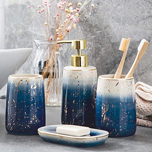 Bathroom Accessories Set,4 Pcs Marble Pattern Bathroom Sets Accessories with Soap Dispenser, Toothbrush Holder, Bathroom Tumbler, Soap Dish for Birthday gift, housewarming gift, Home Decoration (M)