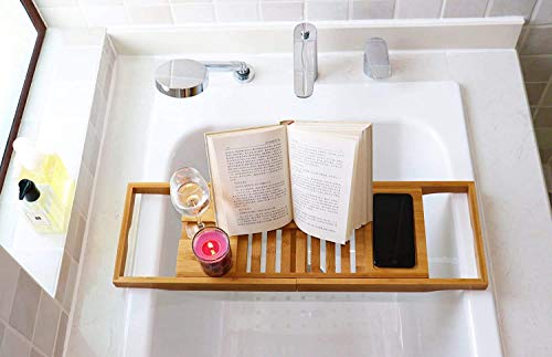 DOZYANT Bamboo Bathtub Tray Caddy Wooden Bath Tray Table with Extending Sides, Reading Rack, Tablet Holder, Cellphone Tray and Wine Glass Holder