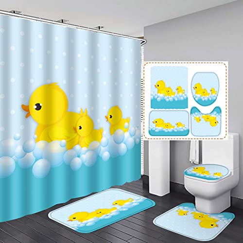 EARVO Cute Yellow Duck Taking Bath Shower Curtain 4Pcs Bath Sets with Non-Slip Rugs U-Shaped Mat Toilet Lid Cover for Kids Baby Bathroom Decor 71x72 inches Polyester Fabric 12 Hooks SETMYEA34