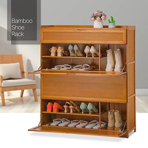 MoNiBloom Bamboo 7 Tier Shoe Storage Cabinet with Pull-Down Doors for Heels Sneakers Shoes Rack Organizer for 36-40 Pairs Entryway Hallway Living Room, Brown