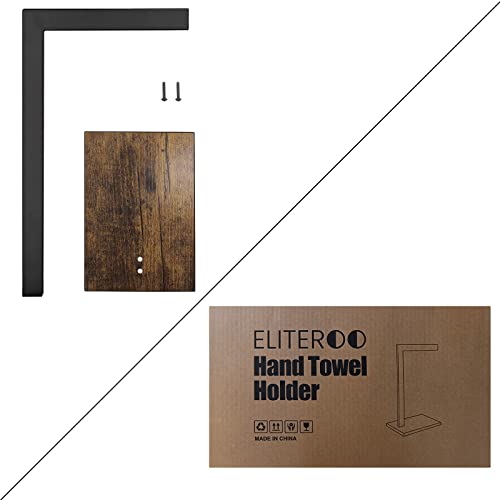 ELITEROO Hand Towel Holder for Bathroom, Hand Towel Stand with Wood Base, L-Shape Hand Towel Rack for Vanity Countertop, Kitchen Counter, Rustic Black and Brown