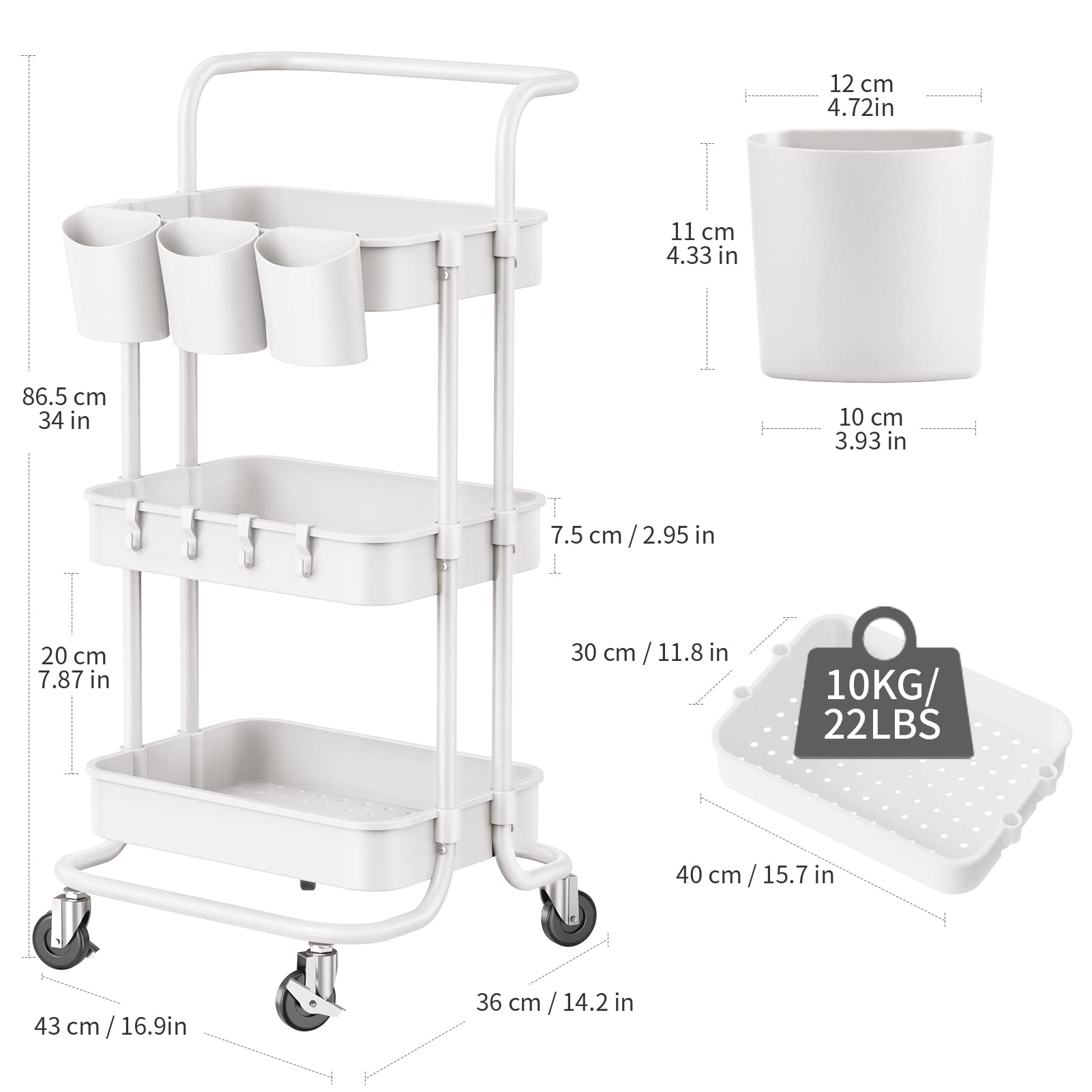 ALVOROG 3-Tier Plastic Rolling Utility Cart,Multi-Functional Storage Trolley for Office