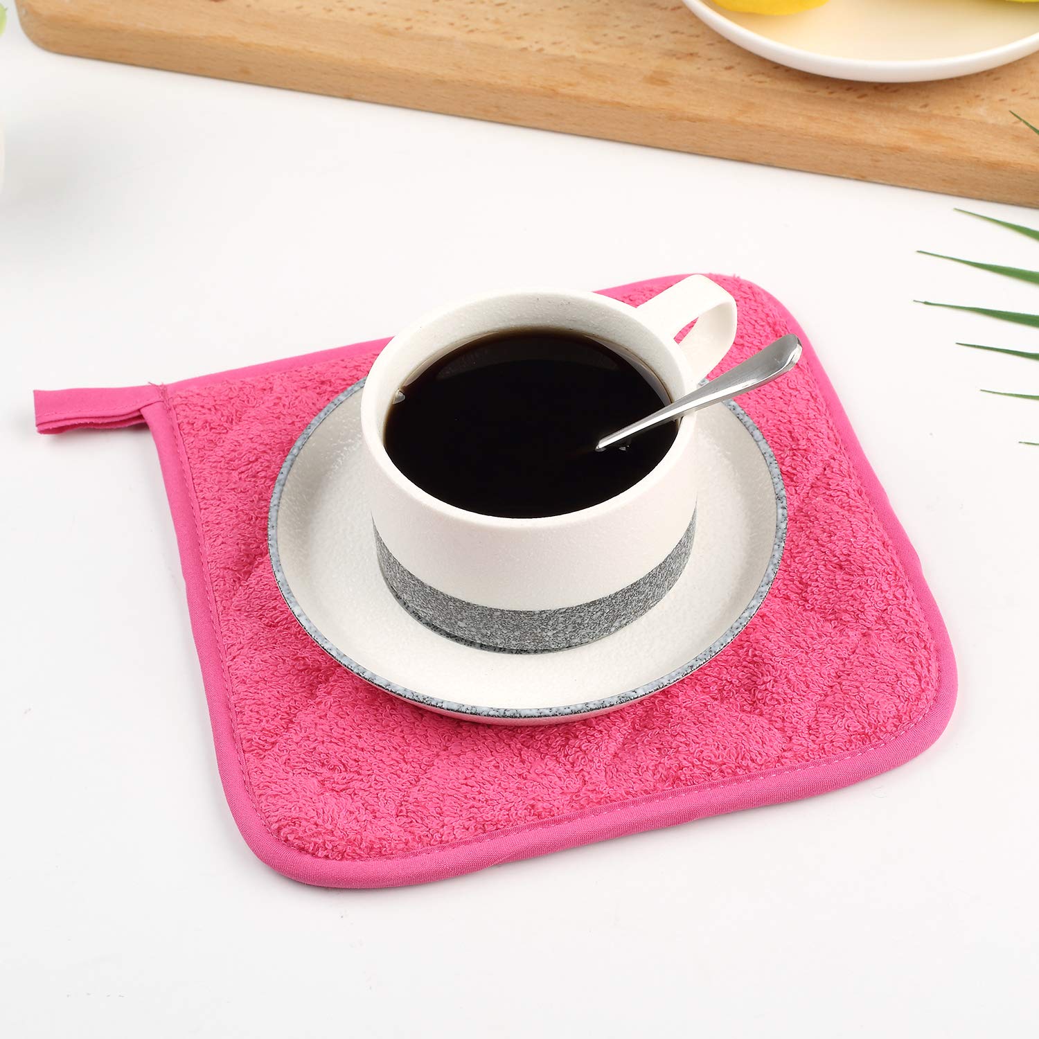 100% Cotton Kitchen Everyday Basic Terry Pot Holder Heat Resistant Coaster Potholder for Cooking and Baking Set of 5 (Dark Pink, Potholder)
