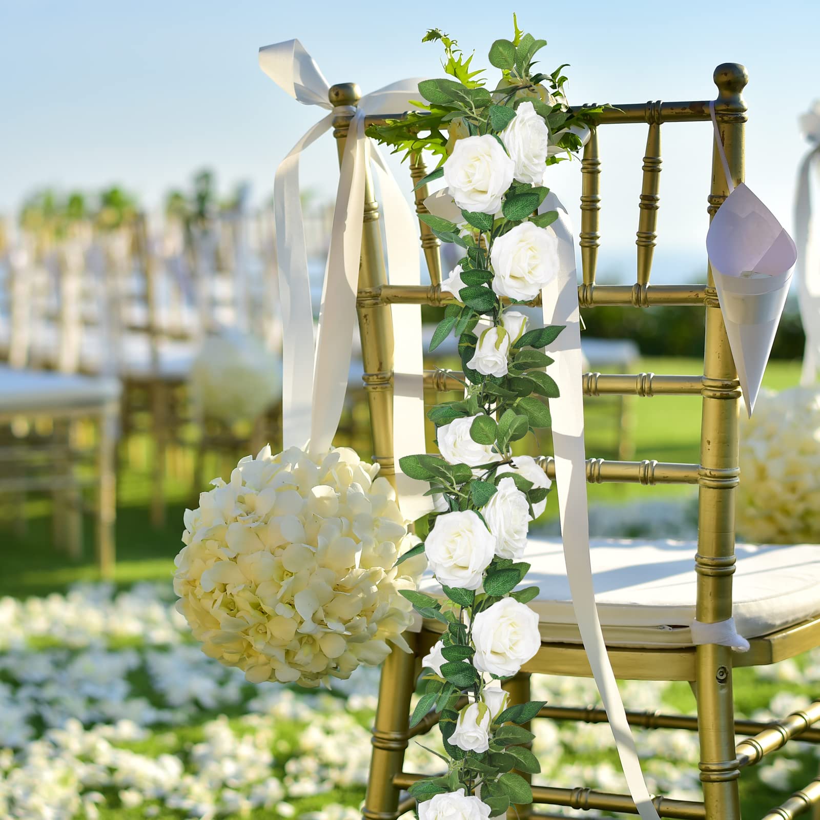 Ageomet 3pcs 19.5ft Artificial Flower Garland with White Rose, Fake Vines Silk Flower Hanging Rose Garland for Wedding Floral Arch Garden Background Engagement Ceremony Reception Decor