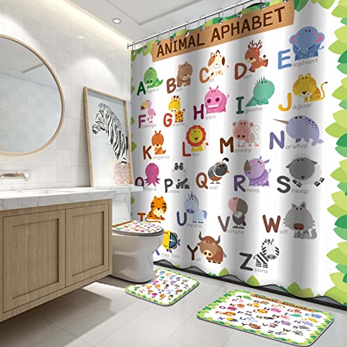 KINUUIS 4PC Animals Alphabet Bathroom Shower Curtain Sets Kids Bathroom Sets Cartoon Bathroom Sets with Rugs and Accessories Cute Style Shower Curtain for Bathroom Decoration