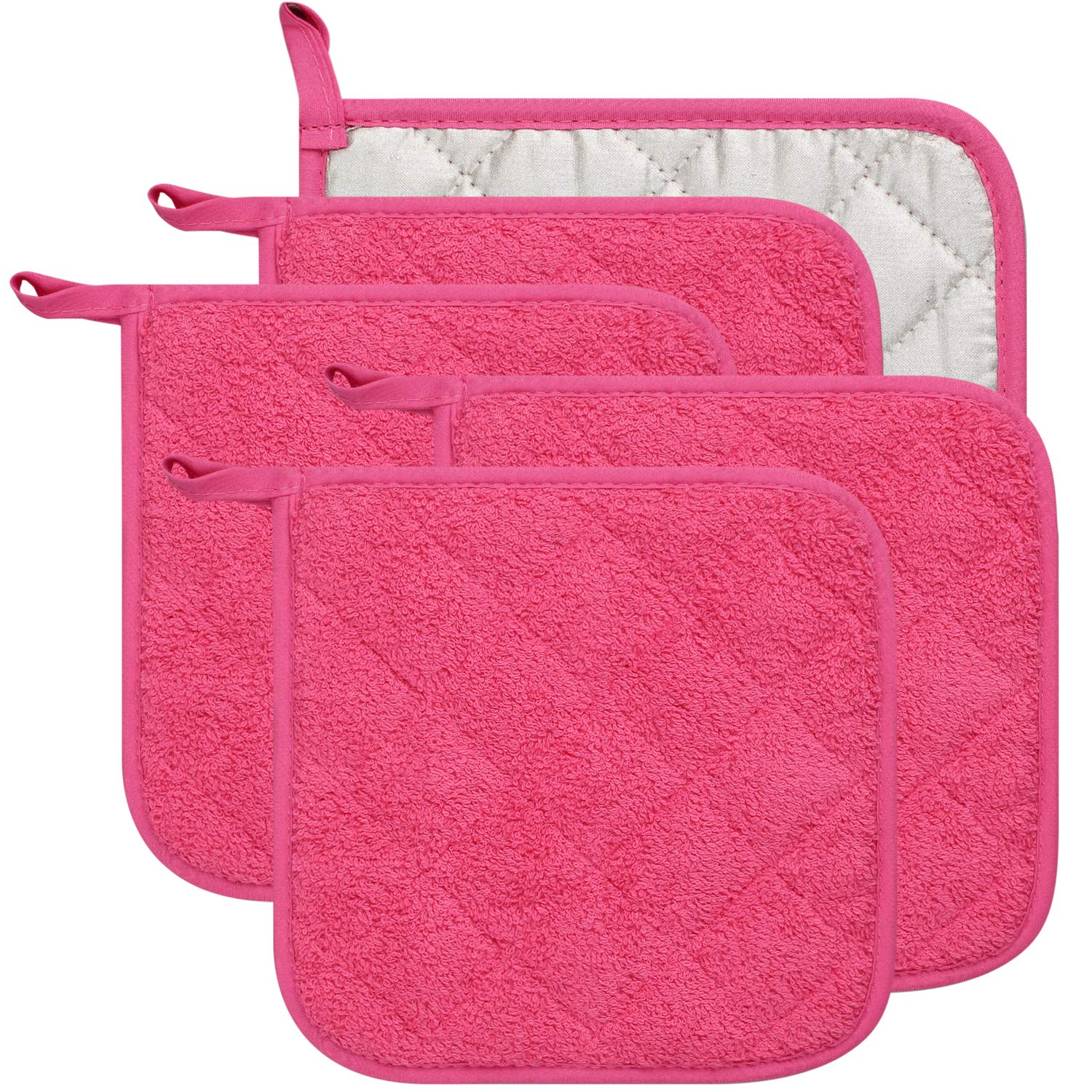 100% Cotton Kitchen Everyday Basic Terry Pot Holder Heat Resistant Coaster Potholder for Cooking and Baking Set of 5 (Dark Pink, Potholder)
