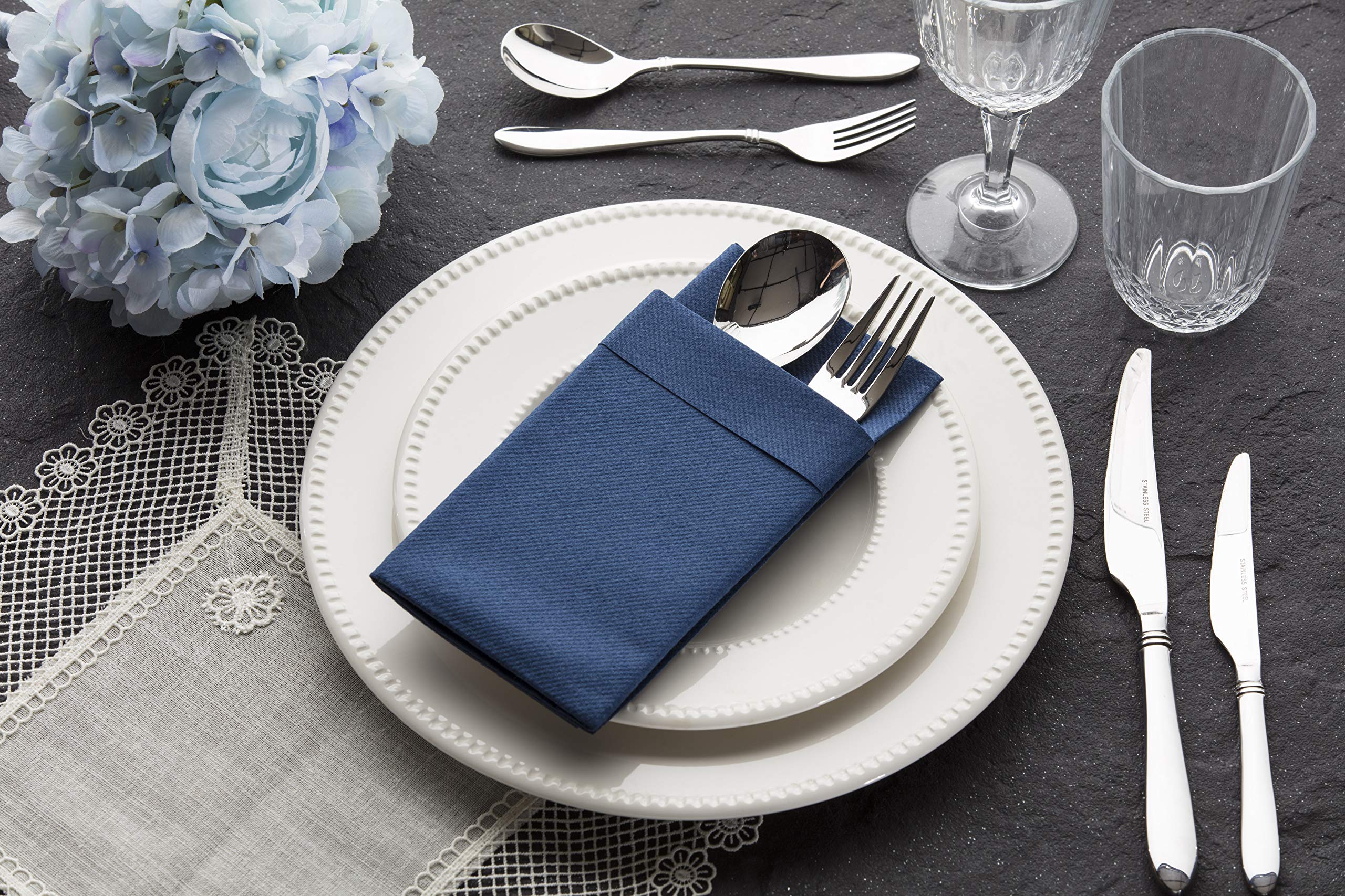 Navy Dinner Napkins Cloth Like with Built-in Flatware Pocket, Linen-Feel Absorbent Disposable Paper Hand Napkins for Kitchen, Bathroom, Parties, Weddings, Dinners or Events, 16x16 inches, Pack of 50