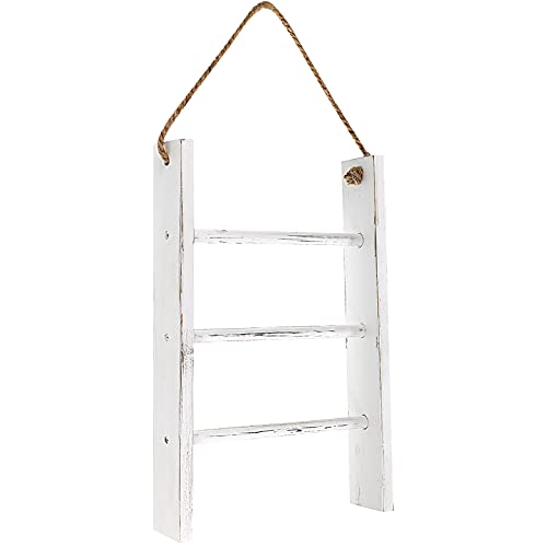 Patelai 3-Tier Mini Wall-Hanging Hand Towel Ladder with Rope Decorative Wooden Bathroom Towel Rack Ladder and Hook for Farmhouse Room Decor (Vintage White)