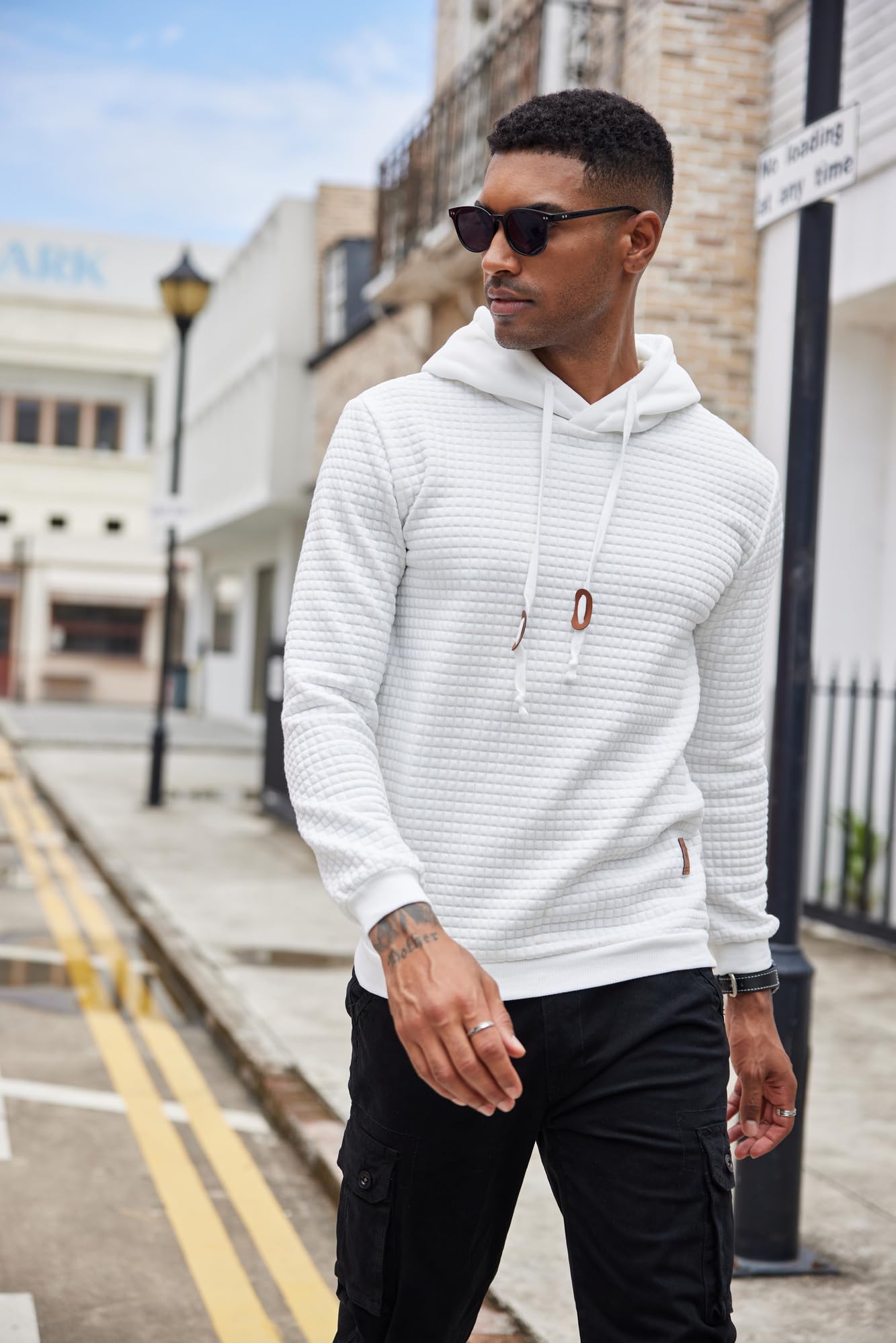 COOFANDY Mens Long Sleeve Drawstring Plaid Jacquard Hooded Sweatshirt, White, Large