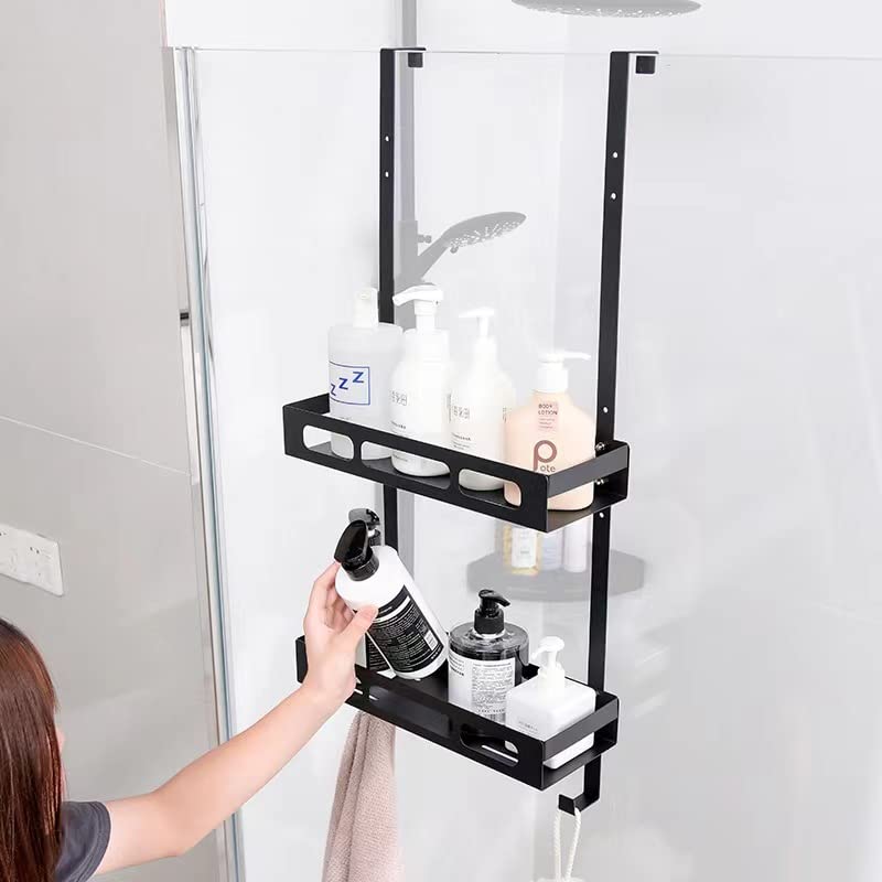 Natural Bamboo Over the Door Shower Caddy,Rust-proof Carbon Steel Adjustable Hanging Organizer Shelf ,Soap Holder Bathroom Shelf,Shower Basket with Hook Suction Cup (Black-2 Tier)