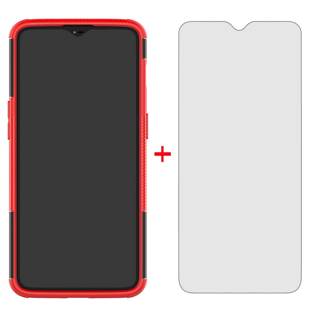 Phone Case for Oneplus 7 6T with Tempered Glass Screen Protector Cover and Stand Hard Rugged Hybrid Cell Accessories Oneplus6T A6013 Oneplus7 GM1900 One Plus6T 1+ Plus7 1 Plus 1plus Cases Black Red