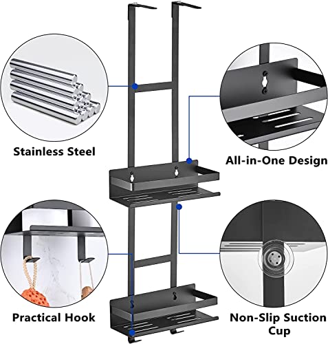 Natural Bamboo Over the Door Shower Caddy,Rust-proof Carbon Steel Adjustable Hanging Organizer Shelf ,Soap Holder Bathroom Shelf,Shower Basket with Hook Suction Cup (Black-2 Tier)