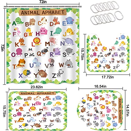 KINUUIS 4PC Animals Alphabet Bathroom Shower Curtain Sets Kids Bathroom Sets Cartoon Bathroom Sets with Rugs and Accessories Cute Style Shower Curtain for Bathroom Decoration