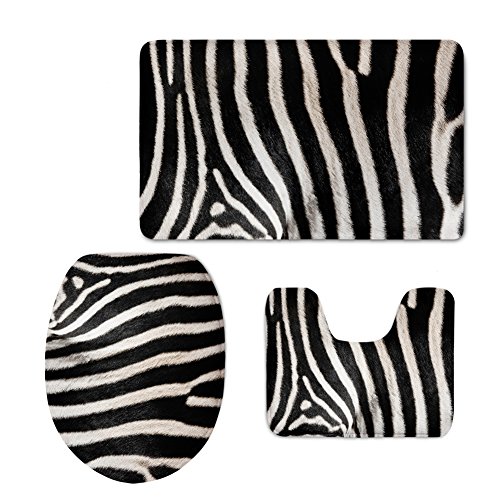 HUGS IDEA Classic Black and White Striped Zebra Bath Mat Set with Rug/Contour/Lid Cover Absorbent Doormat (3 Piece)
