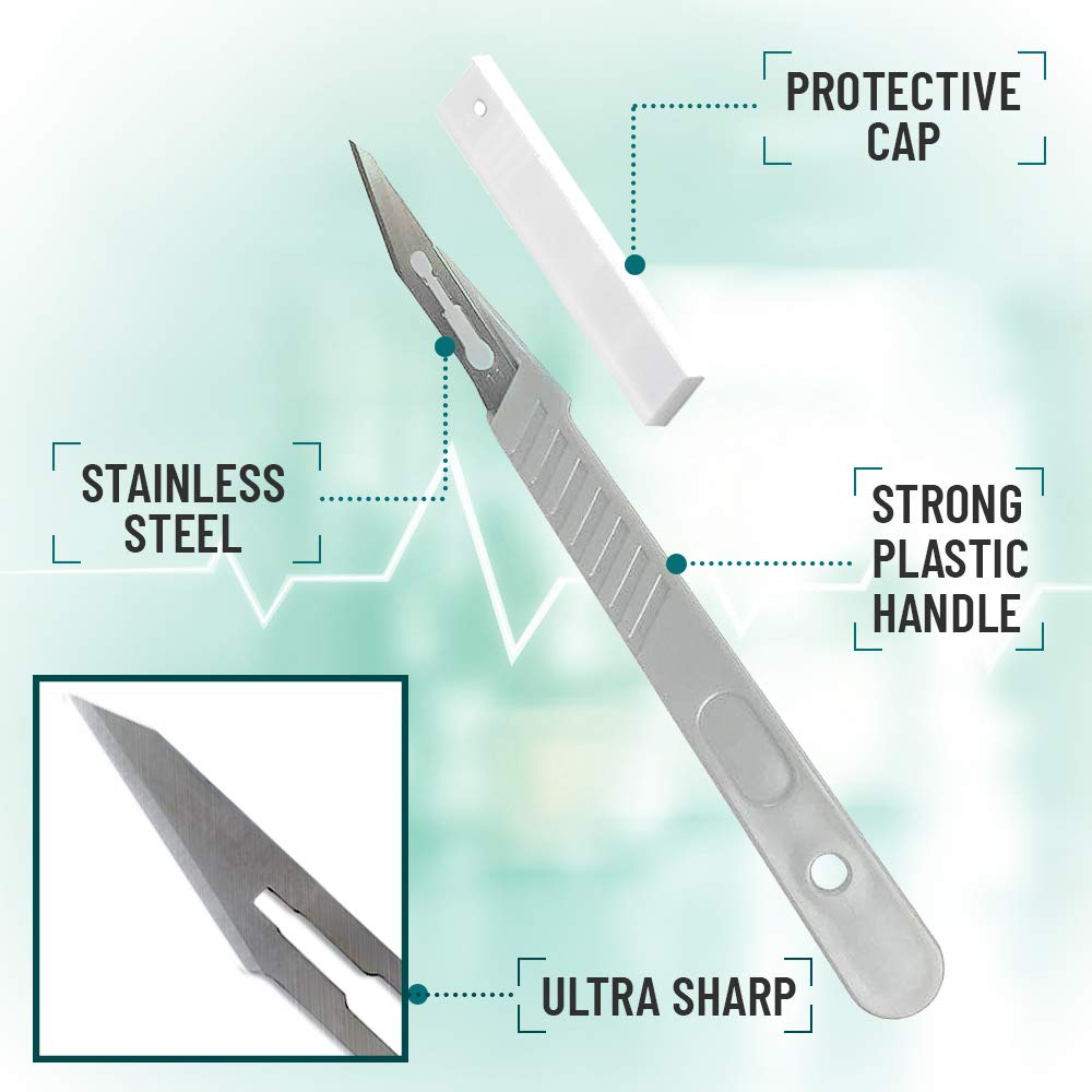 MedHelp Disposable Scalpel 11 Disposable Dermaplaning Blades with Plastic Handle, High Carbon Steel Dermablade Surgical Blades. Individually Wrapped 11 Blade, Sterile - Box of 10