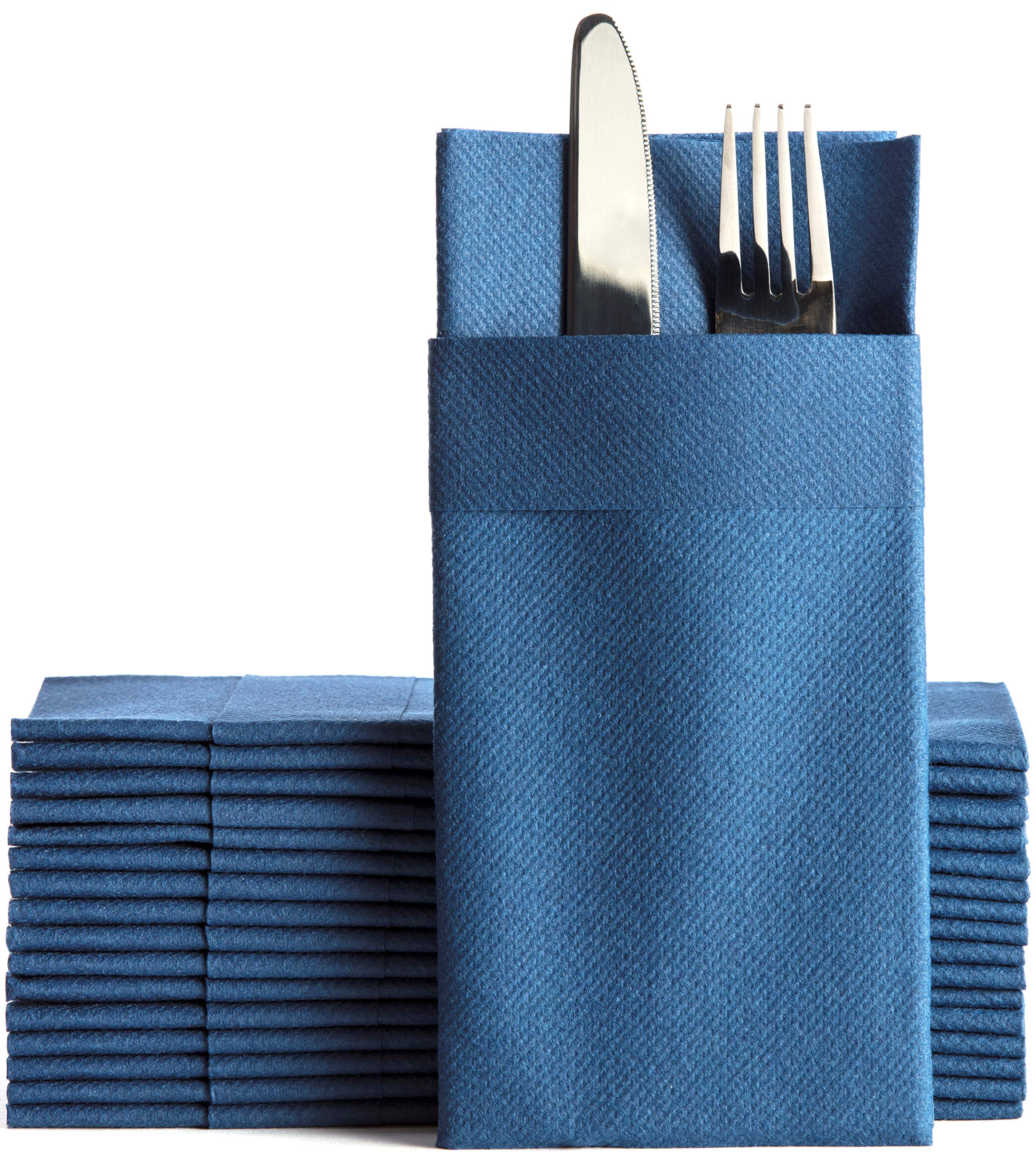 Navy Dinner Napkins Cloth Like with Built-in Flatware Pocket, Linen-Feel Absorbent Disposable Paper Hand Napkins for Kitchen, Bathroom, Parties, Weddings, Dinners or Events, 16x16 inches, Pack of 50