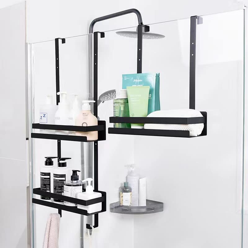 Natural Bamboo Over the Door Shower Caddy,Rust-proof Carbon Steel Adjustable Hanging Organizer Shelf ,Soap Holder Bathroom Shelf,Shower Basket with Hook Suction Cup (Black-2 Tier)