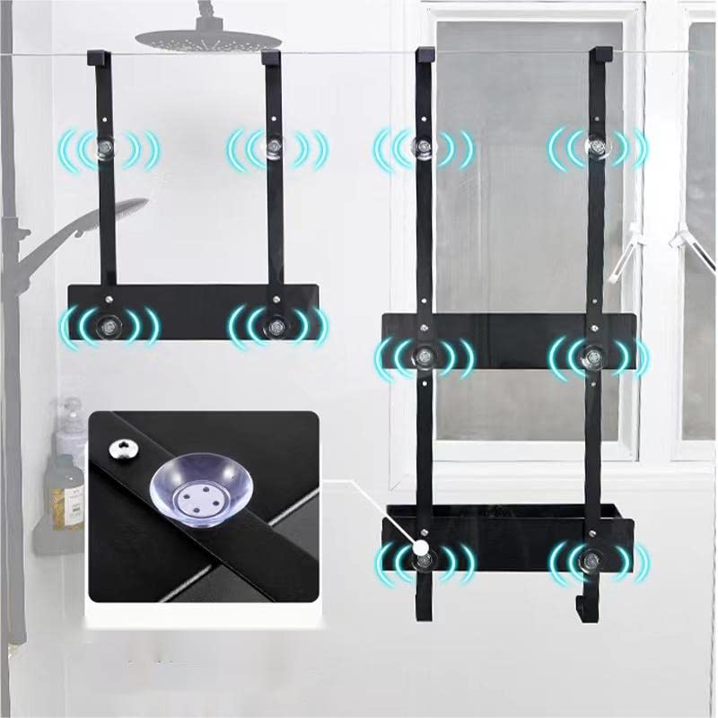 Natural Bamboo Over the Door Shower Caddy,Rust-proof Carbon Steel Adjustable Hanging Organizer Shelf ,Soap Holder Bathroom Shelf,Shower Basket with Hook Suction Cup (Black-2 Tier)