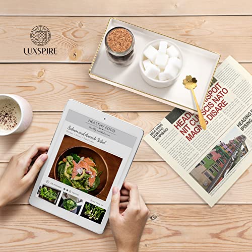Luxspire Bathroom Vanity Tray, Ceramic Decorative Tray Jewelry Counter Storage Organizer, Gold Edged Dresser Kitchen Sink Tray for Perfume Candle Holder Bathroom Accessories -S- Matte White
