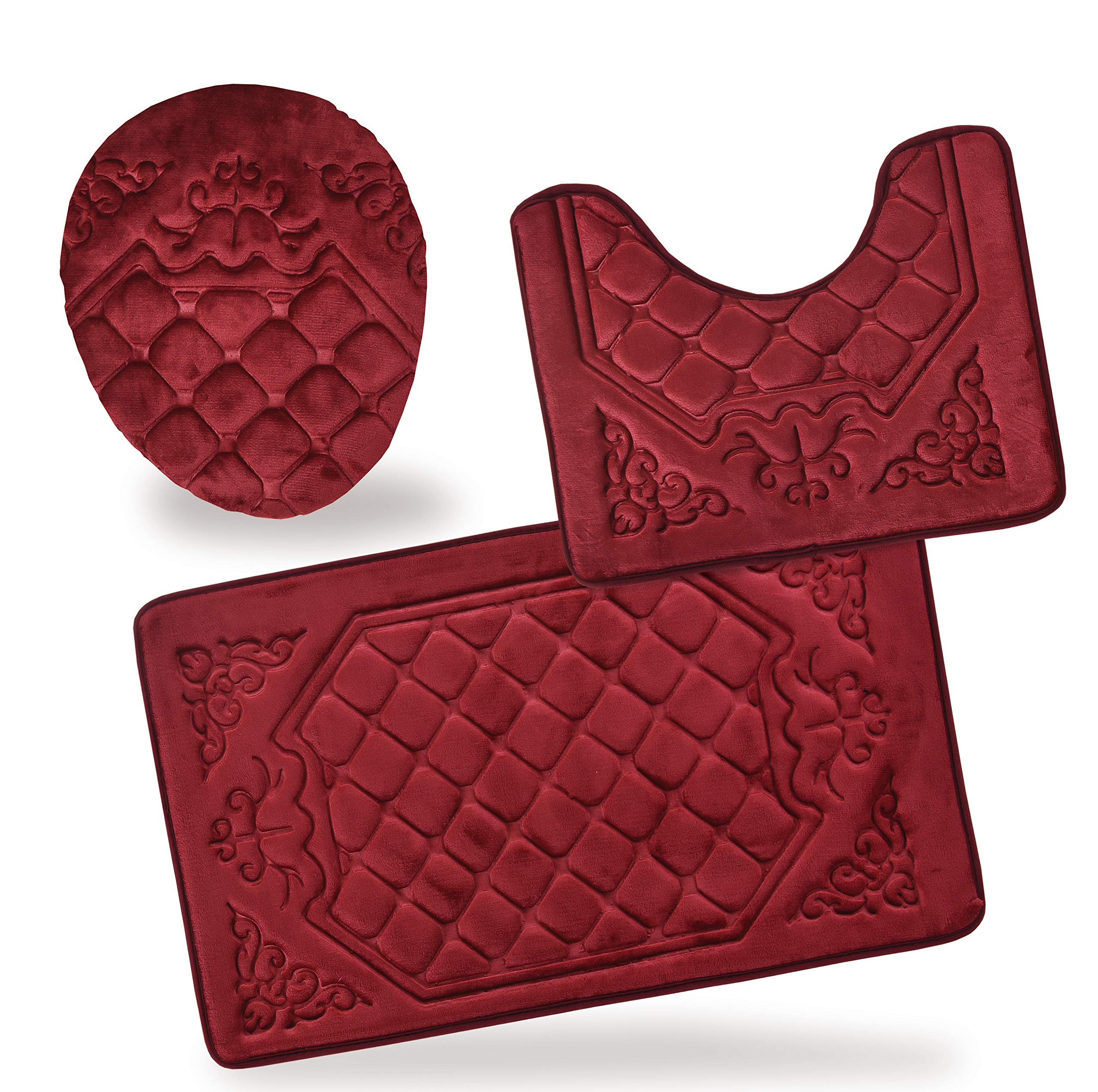 All American Collection 3PC Memory Foam Bath Mats Soft Plush Crown Design Anti-Slip Shower Bathroom Contour Toilet Lid Cover Rugs (Burgundy)