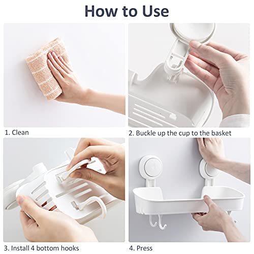 TAILI Suction Shower Caddy With 4 Hooks, Bathroom Shower Basket Wall Mounted Shower Organizer for Shampoo, Body Wash,Conditioner, Plastic Shower Rack for Kitchen & Bathroom, Drill-Free Removable