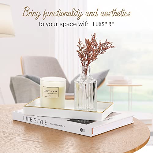 Luxspire Bathroom Vanity Tray, Ceramic Decorative Tray Jewelry Counter Storage Organizer, Gold Edged Dresser Kitchen Sink Tray for Perfume Candle Holder Bathroom Accessories -S- Matte White