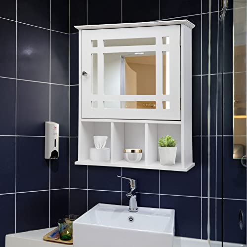 Sandinrayli Bathroom Wall Cabinet, Bathroom Mirror Cabinet with Mirror,Wood Medicine cabinets for Bathroom with Adjustable Shelf & 3 Open Compartments,(White)