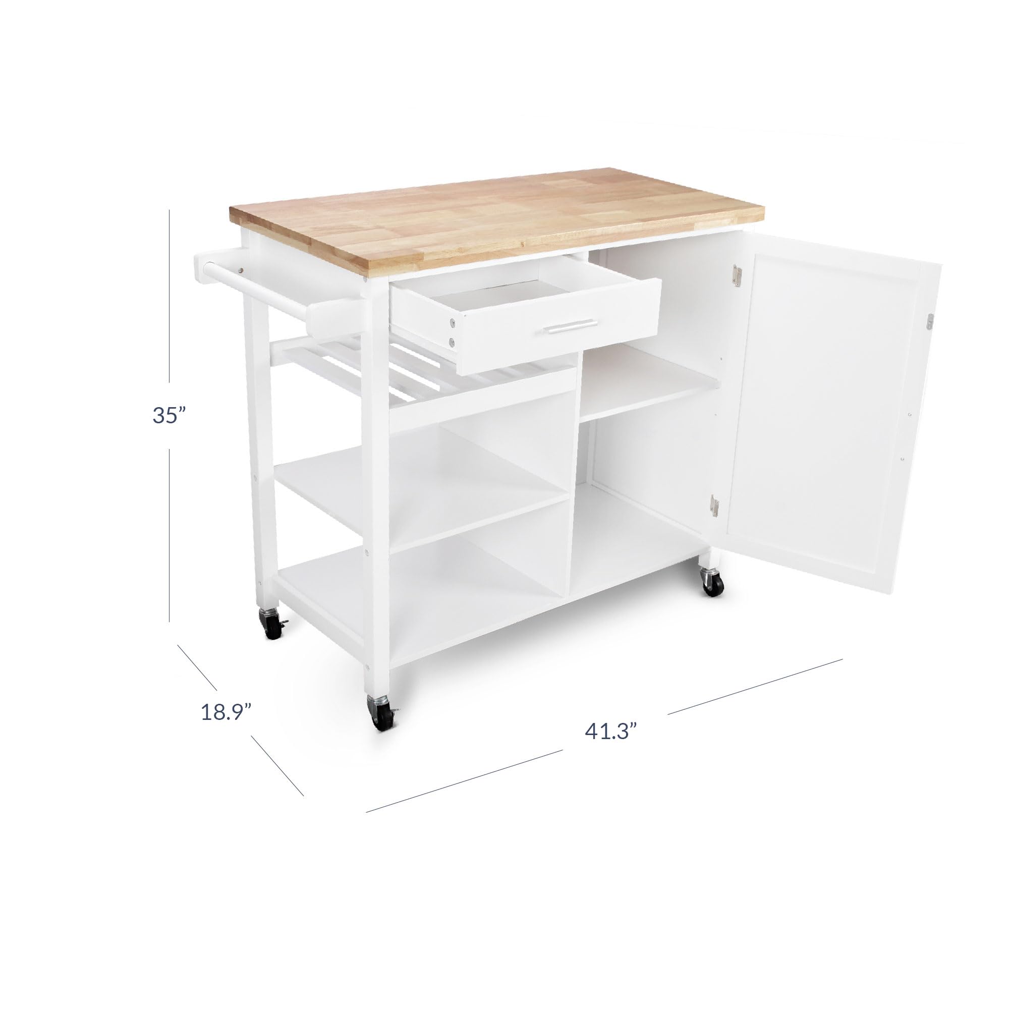 BELLEZE Modern Rolling Kitchen Island Utility Cart with a Drawer, Storage Cabinet, Handle Towel Rack, Rubber Wood Top, and Caster Wheels - Sonoma (White)