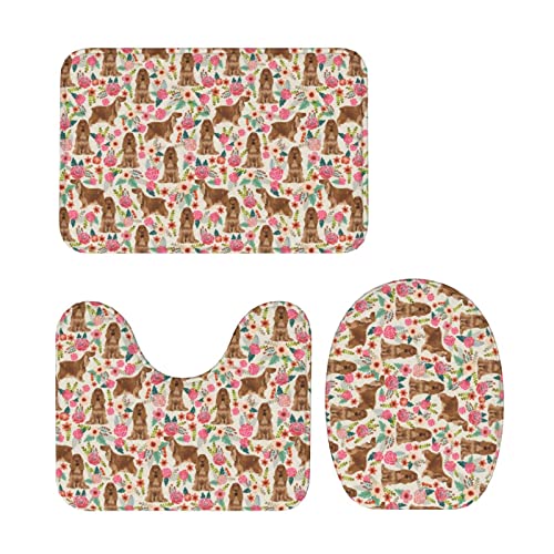 Cute Cocker Spaniel Dog Flower Floral 3D Print Bath Mat for Bathroom Rugs Sets 3 Piece，U-Shaped Contour Shower Mat Non Slip Absorbent ,Flannel Fabric Toilet Lid Cover Washable ,Doormat Antiskid Pad