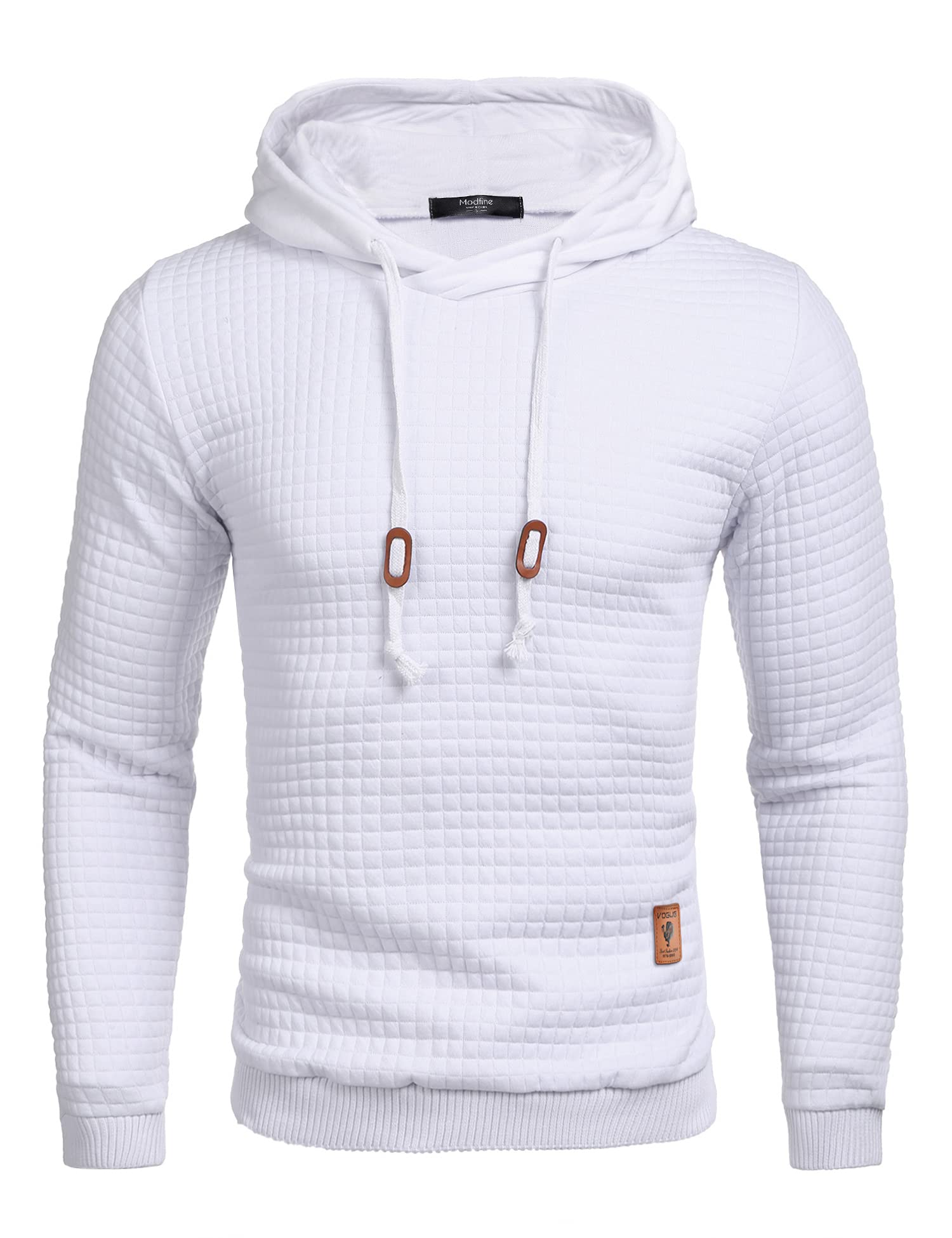COOFANDY Mens Long Sleeve Drawstring Plaid Jacquard Hooded Sweatshirt, White, Large