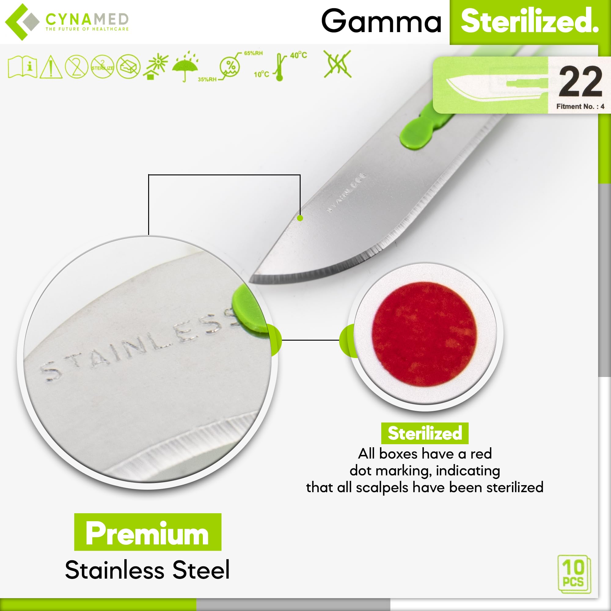 CYNAMED # 22 Disposable Scalpel with Plastic Handle - Sterile Single Blade Razor for Dermaplaning, Dissection, Podiatry, Professional Grooming, Acne Removal - Surgical Stainless Steel Tool - Box of 10