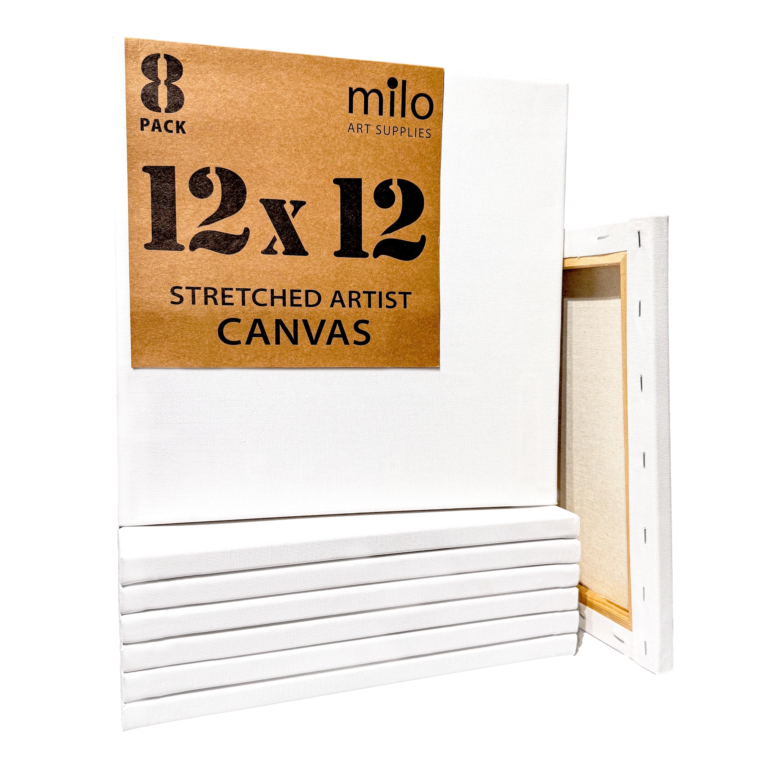 milo Stretched Artist Canvas | 12x12 inch | Value Pack of 8 Canvases for Painting, Primed & Ready to Paint Art Supplies for Acrylic, Oil, Mixed Wet Media, & Pouring, 100% Cotton with Pine Wood Frame