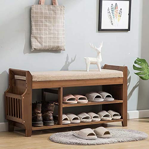 YUSING Bamboo Shoe Rack Bench with Removable Cushion, 2 Tier Entryway Shoe Storage Organizer Shelf with Hidden Drawer and Umbrella Stand for Bedroom, Living Room and Bathroom (Large)