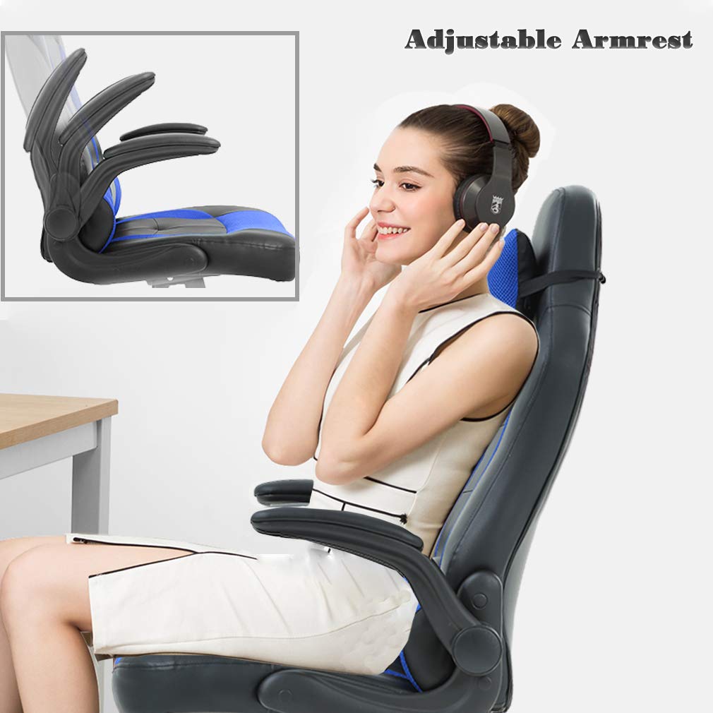Gaming Chair Office Chair Desk Chair with Lumbar Support Flip Up Arms Headrest PU Leather Swivel Rolling Adjustable High Back Racing Computer Chair for Women Men Adults,Blue