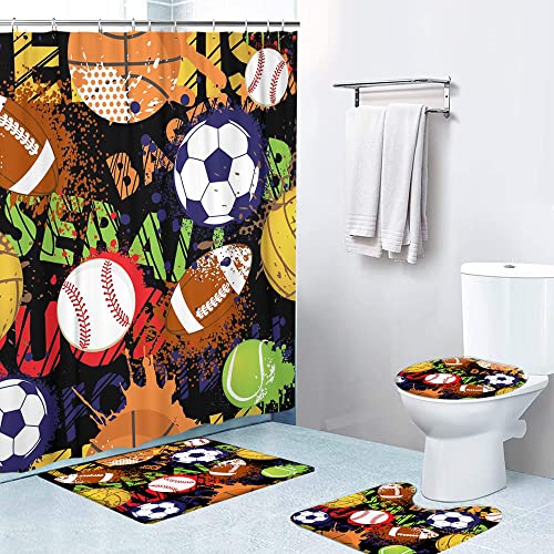 LOKMU 4 Pcs Shower Curtain Sets with Non-Slip Rugs, Toilet Lid Cover and Bath Mat,Boy Sport Pattern Balls Black Basketball Waterproof Shower Curtain with 12 Hooks, Bathroom Decor Sets, 72" x 72"