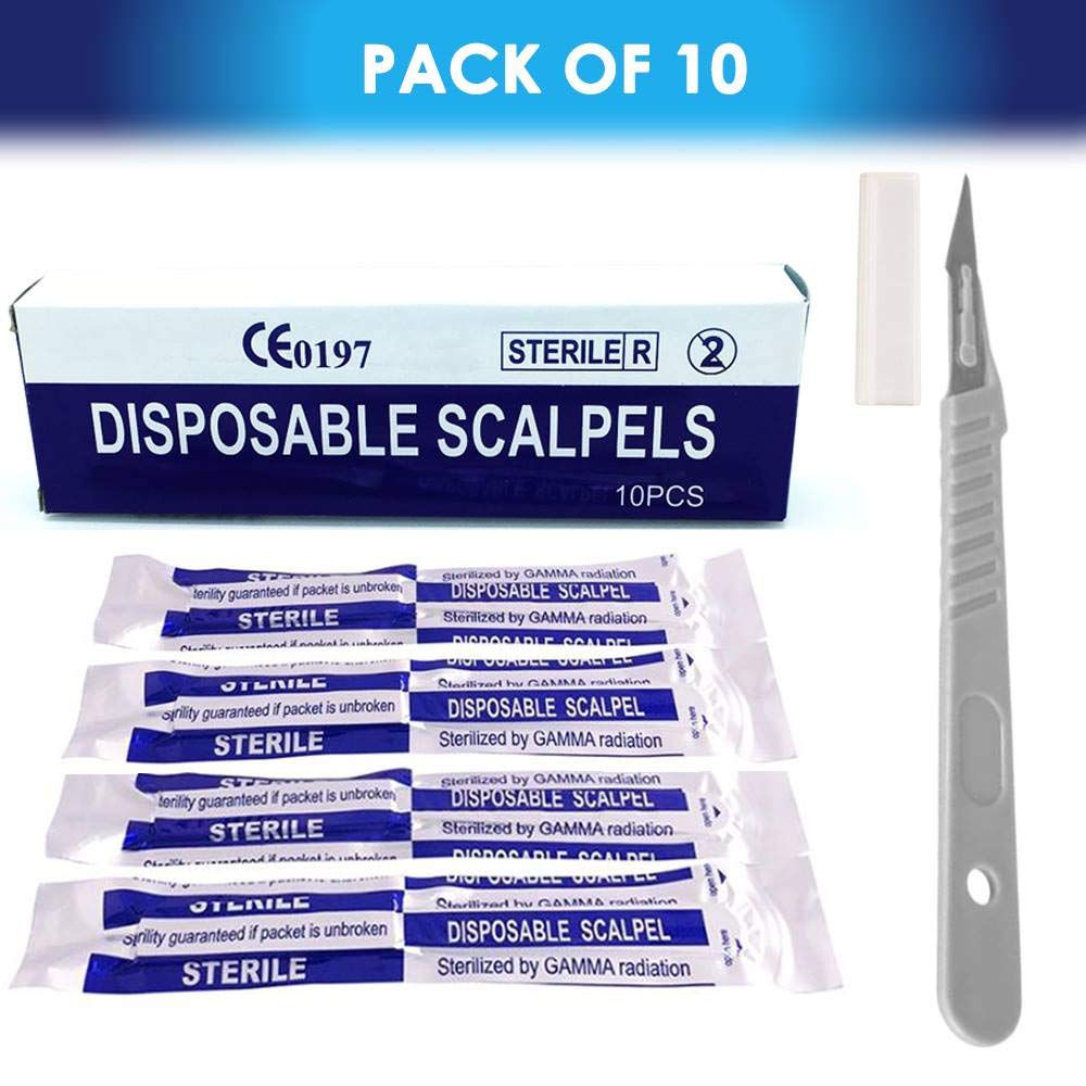 MedHelp Disposable Scalpel 11 Disposable Dermaplaning Blades with Plastic Handle, High Carbon Steel Dermablade Surgical Blades. Individually Wrapped 11 Blade, Sterile - Box of 10