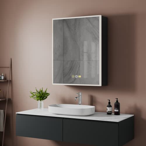 tunuo Black Medicine Cabinets for Bathroom with Mirror, 24”W x 30”H Surface Wall Mounted LED Medicine Cabinet with Lights, Defogger, Dimmer, Outlets & USB, Single Door