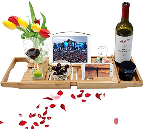 Bamboo Bathtub Caddy Tray, Expandable Bath Tray for Luxury Bath, Wooden Tub Tray with Reading Rack or Tablet Holder, Phone & Wine Glass Holder