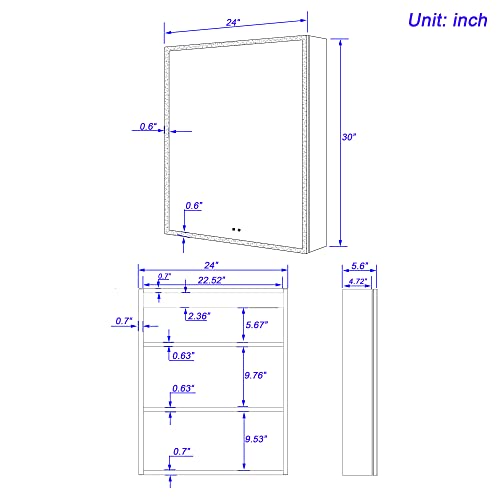 tunuo Black Medicine Cabinets for Bathroom with Mirror, 24”W x 30”H Surface Wall Mounted LED Medicine Cabinet with Lights, Defogger, Dimmer, Outlets & USB, Single Door
