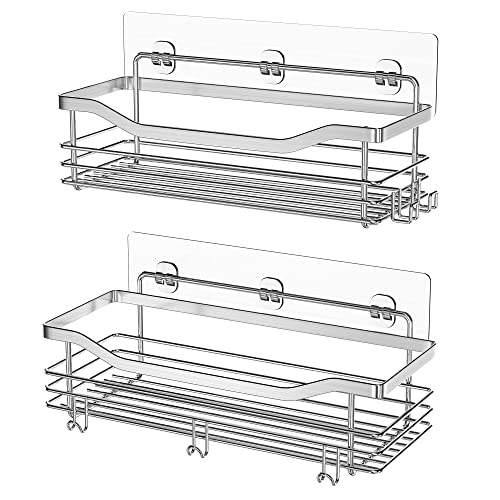 Orimade Shower Caddy Basket Shelf Storage Rack Pack of 2, No Drilling Wall Mounted Adhesive Rust Proof Stainless Steel Shower Organizer with 5 Hooks for Bathroom, Toilet, Kitchen