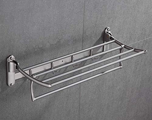 ELLO&ALLO Towel Racks for Bathroom Shelf with Foldable Towel Bar Holder and Hooks Wall Mounted Multifunctional Racks, Brushed Nickel