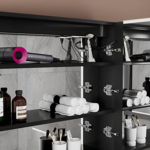 tunuo Black Medicine Cabinets for Bathroom with Mirror, 24”W x 30”H Surface Wall Mounted LED Medicine Cabinet with Lights, Defogger, Dimmer, Outlets & USB, Single Door