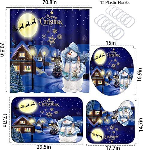 4 Piece Christmas Shower Curtain Set with Non-Slip Rug, Toilet Lid Cover, Bath Mat and 12 Hooks, Waterproof Shower Curtain Set for Bathroom