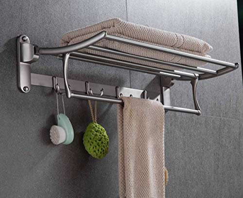 ELLO&ALLO Towel Racks for Bathroom Shelf with Foldable Towel Bar Holder and Hooks Wall Mounted Multifunctional Racks, Brushed Nickel